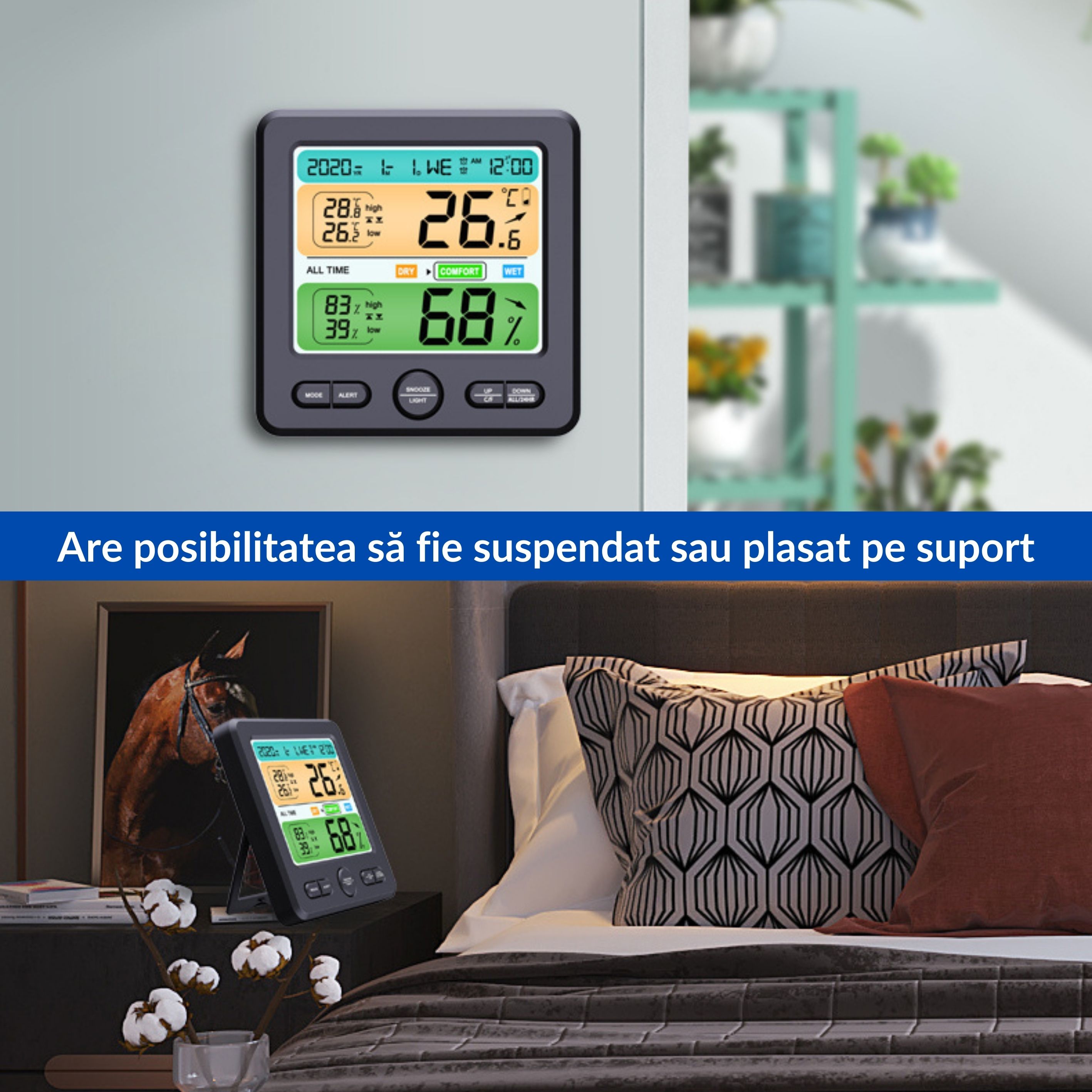 Termometru si Higrometru profesional de camera, Indicator comfort, Ceas ...