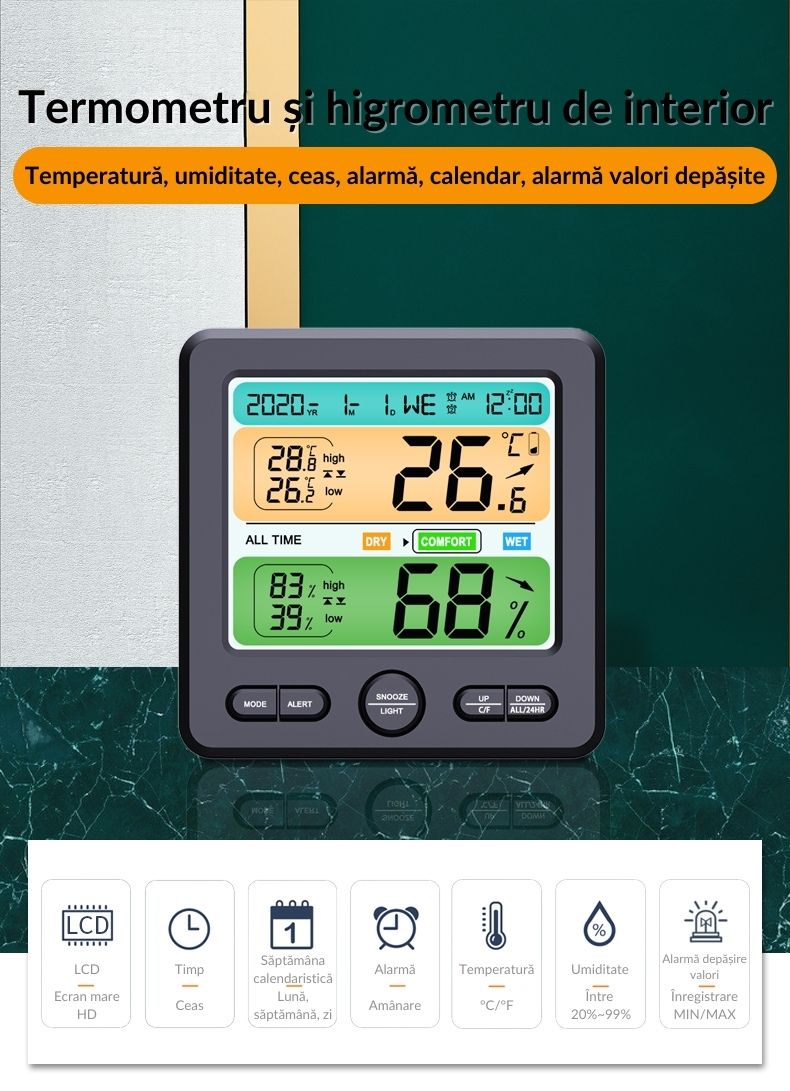Termometru si Higrometru profesional de camera, Indicator comfort, Ceas ...