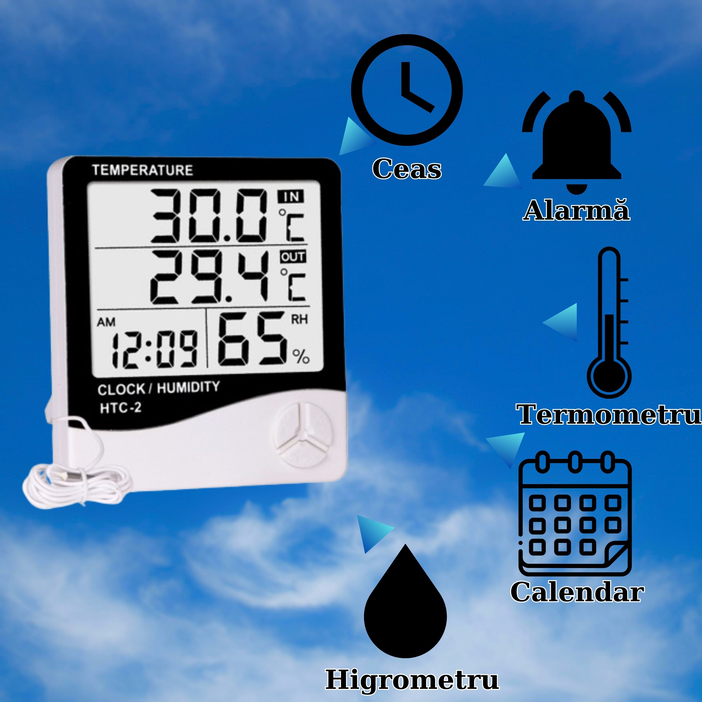 Termometru si higrometru de camera si exterior cu 1 transmitator cu fir ...